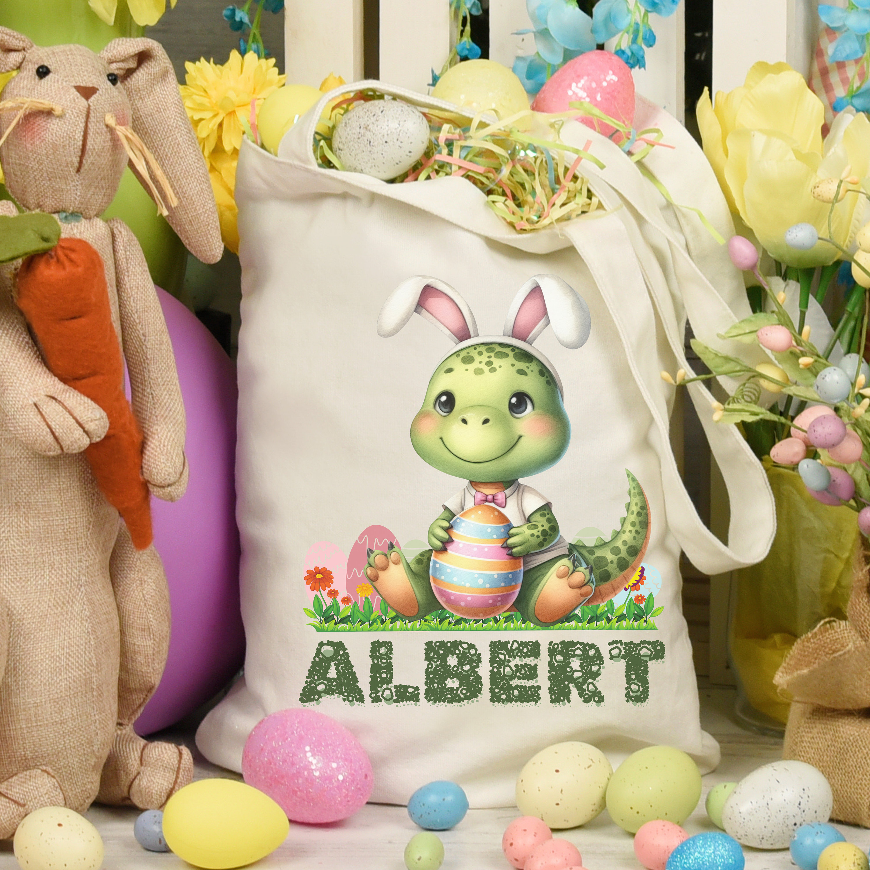 Personalized Kids Easter Tote, Dinosaur Easter, Easter Egg Hunt Bag ...