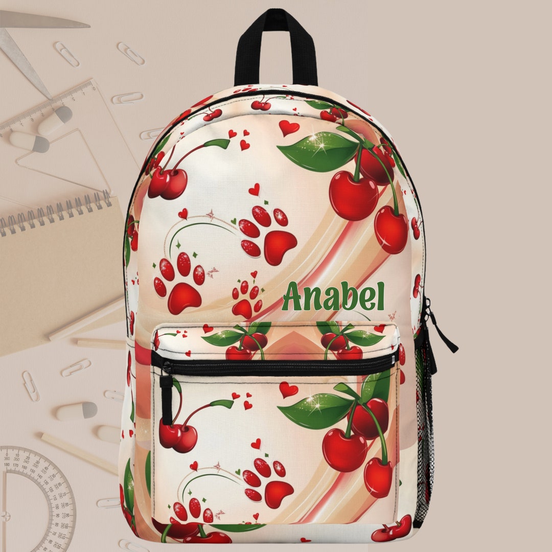 Backpack Name Tag, Cherry Backpack, Custom Backpack, Paws Print Bookbag ...