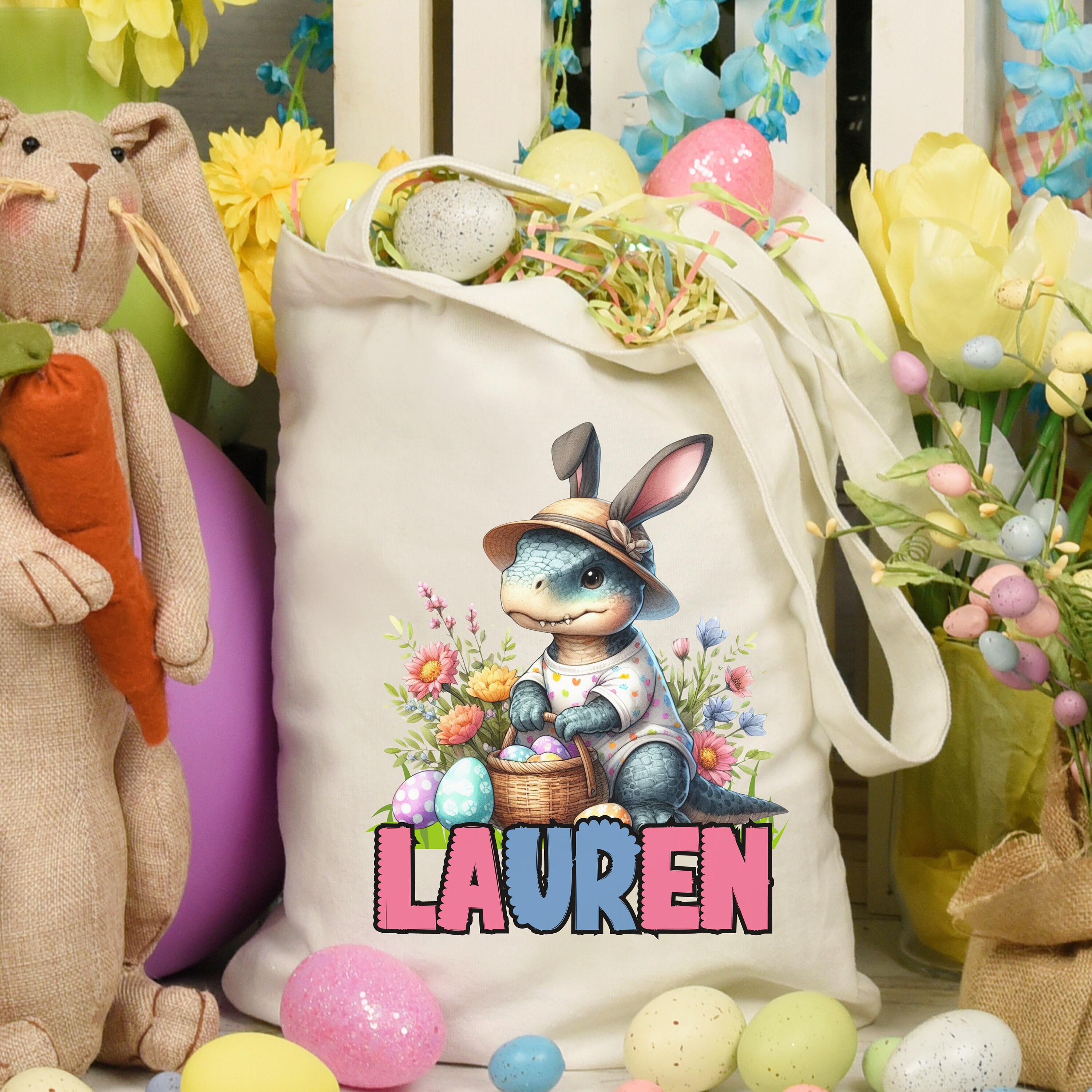 Personalized Kids Easter Tote, Dinosaur Easter, Easter Egg Hunt Bag ...