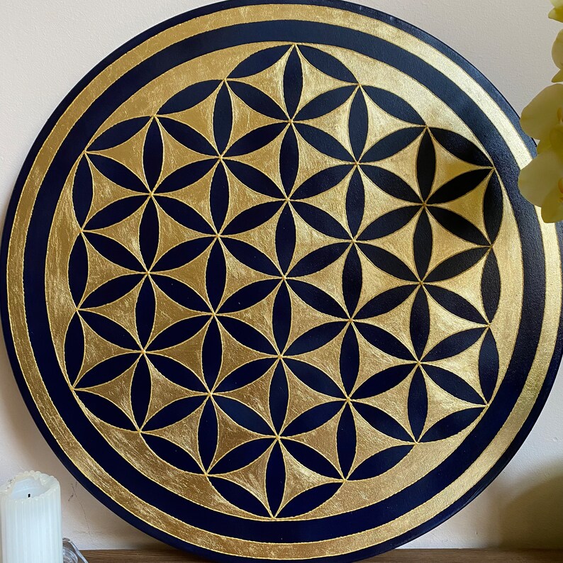 Gold Leaf Dark Blue Flower of Life on Round Stretched Canvas, Single ...