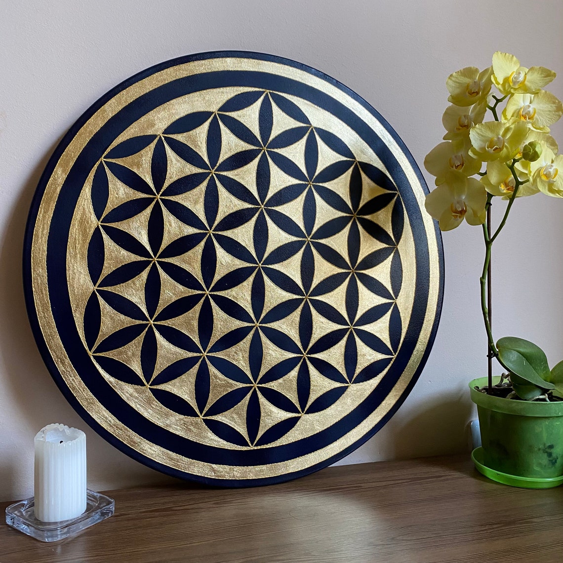 Gold Leaf Dark Blue Flower of Life on Round Stretched Canvas, Single ...