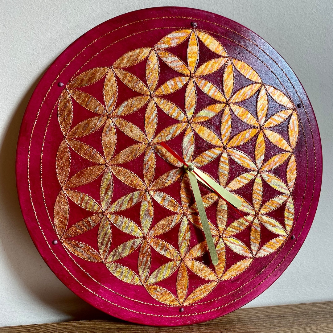 Handmade Wall Clock With Gold Leaf Flower of Life on Wooden Base ...