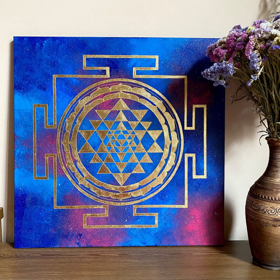 Gold Leaf Sri Yantra in Cosmic Universe on Stretched Canvas, Original ...