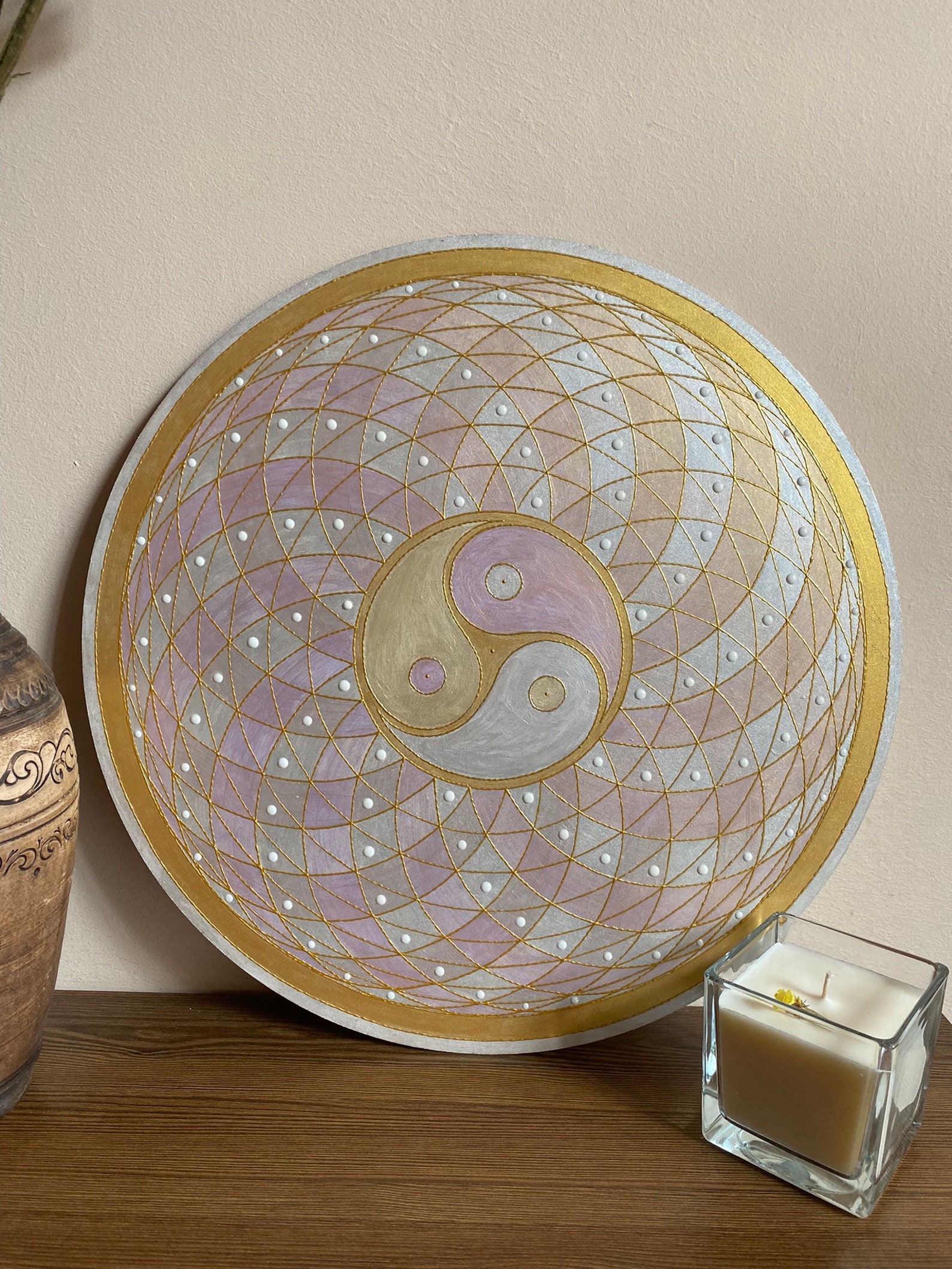 Sacred Geometry Mandala With Gold Torus, Trinity Round Dot Art Acrylic ...