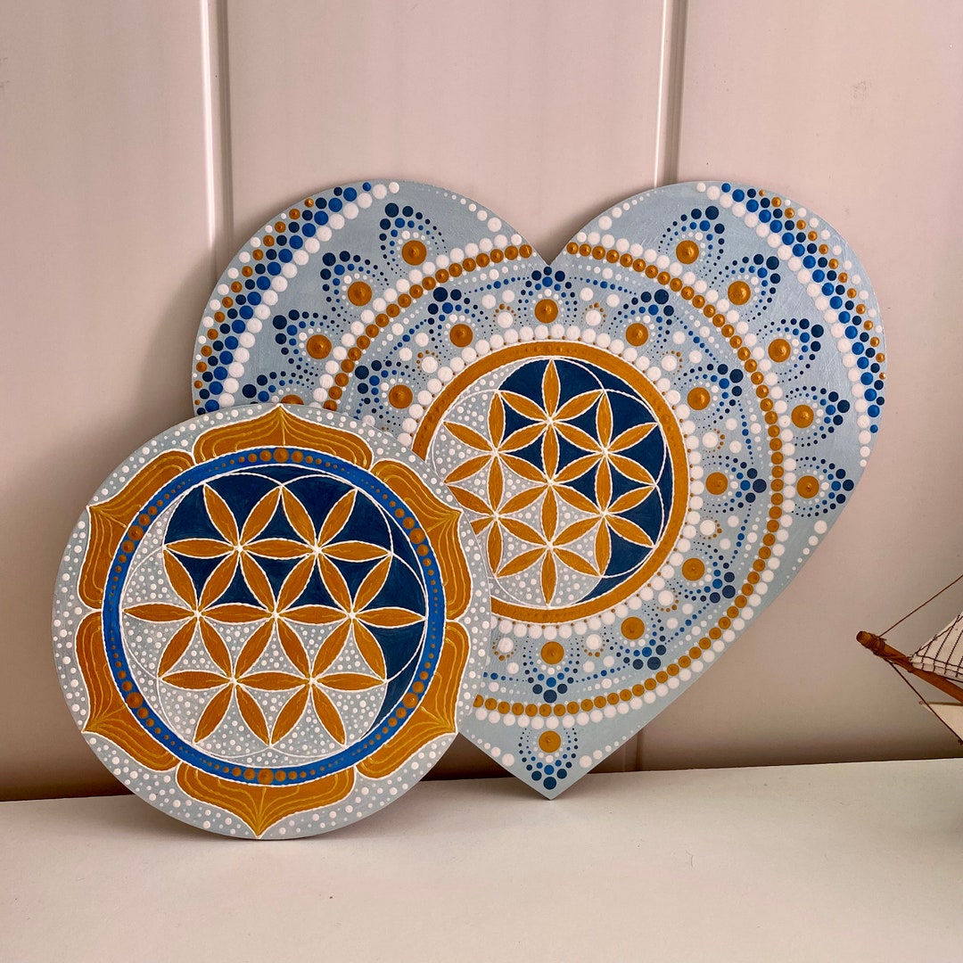 Set of 2 Sacred Geometry Mandalas, Heart Shape Dot Art Mandala and ...