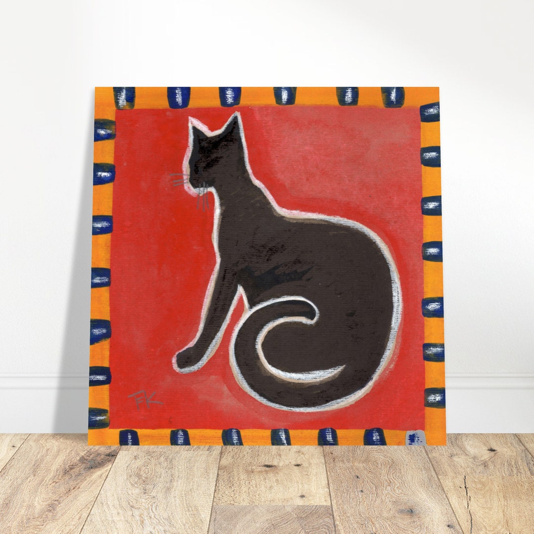 Black Cat Print Cat Wall Art Red Pattern Square Cat Print