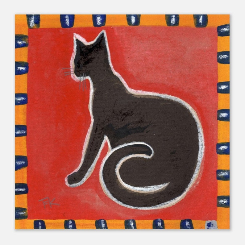 Black Cat Print Cat Wall Art Red Pattern Square Cat Print Etsy