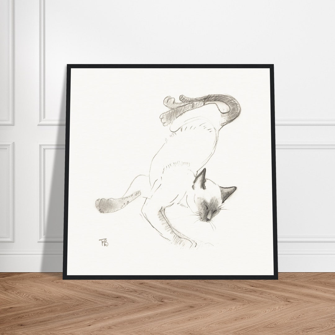 Stretching Siamese Cat Pencil Drawing, Framed Cat Art Print - Etsy