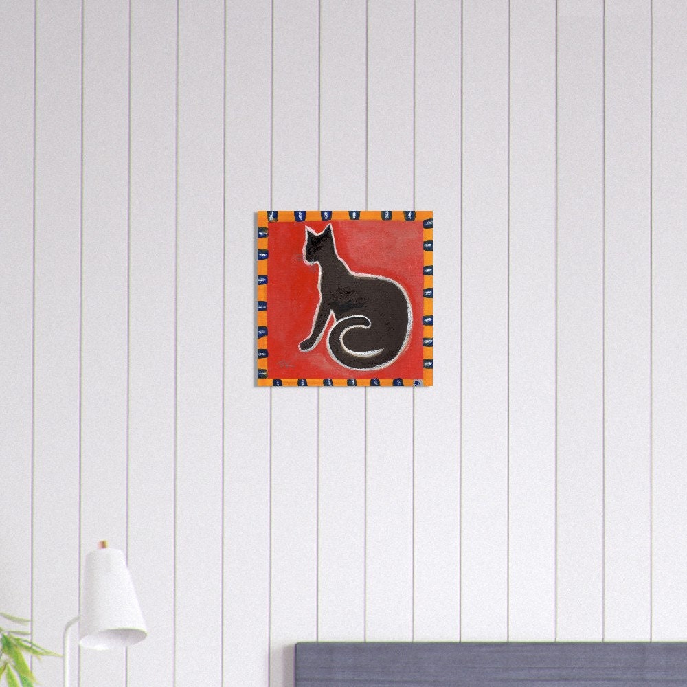 Black Cat Print Cat Wall Art Red Pattern Square Cat Print - Etsy