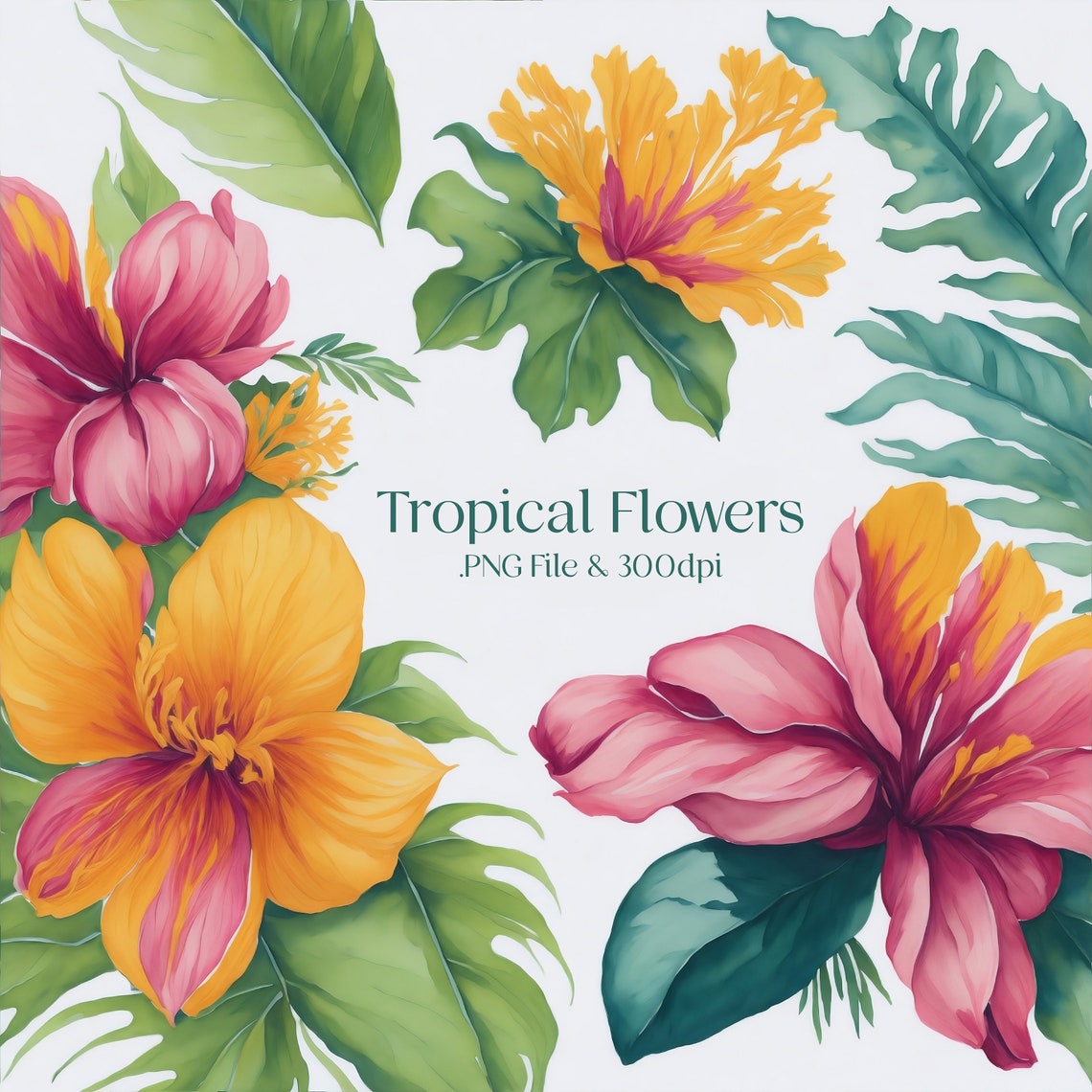 Tropical Flowers Clipart PNG Format Instant Download for Commercial Use ...
