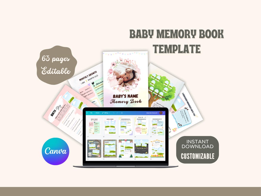 Editable Baby Memory Book | First Year Baby Book Girl | Canva Template ...