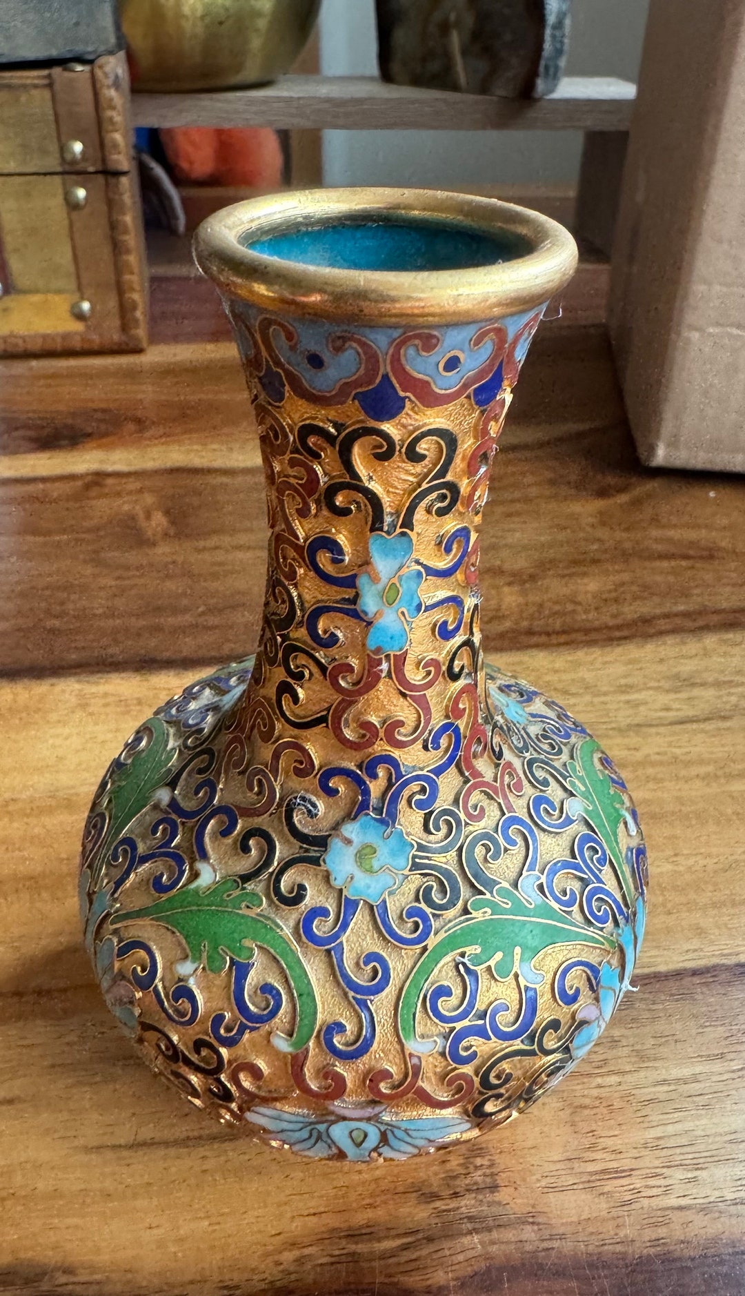 VINTAGE CHINESE Gold Metal Enamel High Relief Cloisonne VASE Old ...