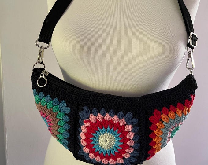 Handmade Boho Granny Square Crochet Fanny Pack, Crochet Free Bag Black ...