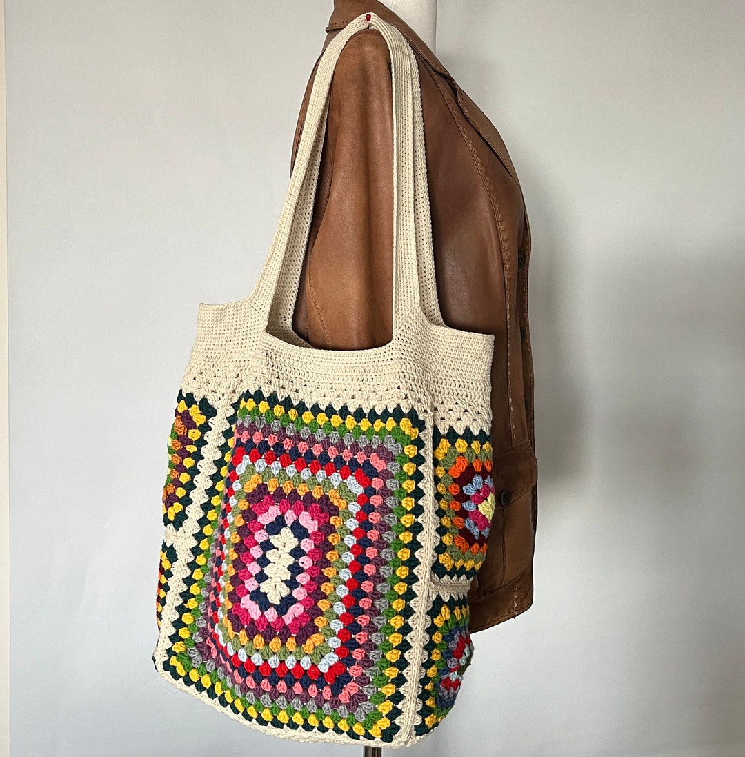 Cream Based Granny Square Boho Crochet Tote Bag Big Granny Square ...
