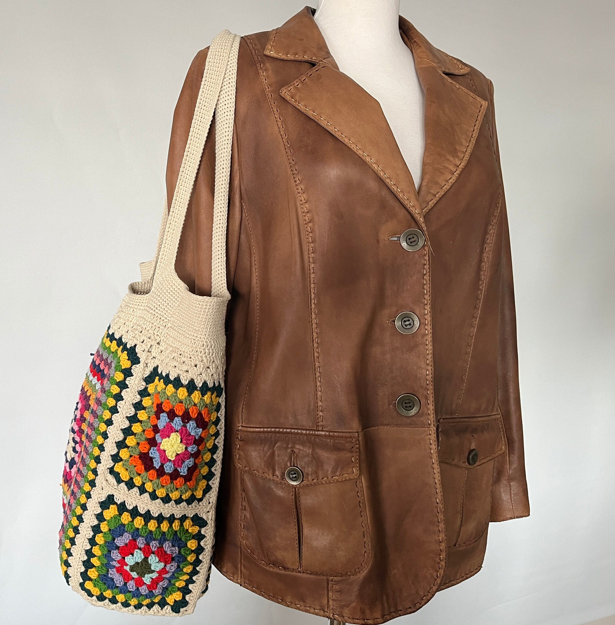 Cream Based Granny Square Boho Crochet Tote Bag Big Granny Square ...