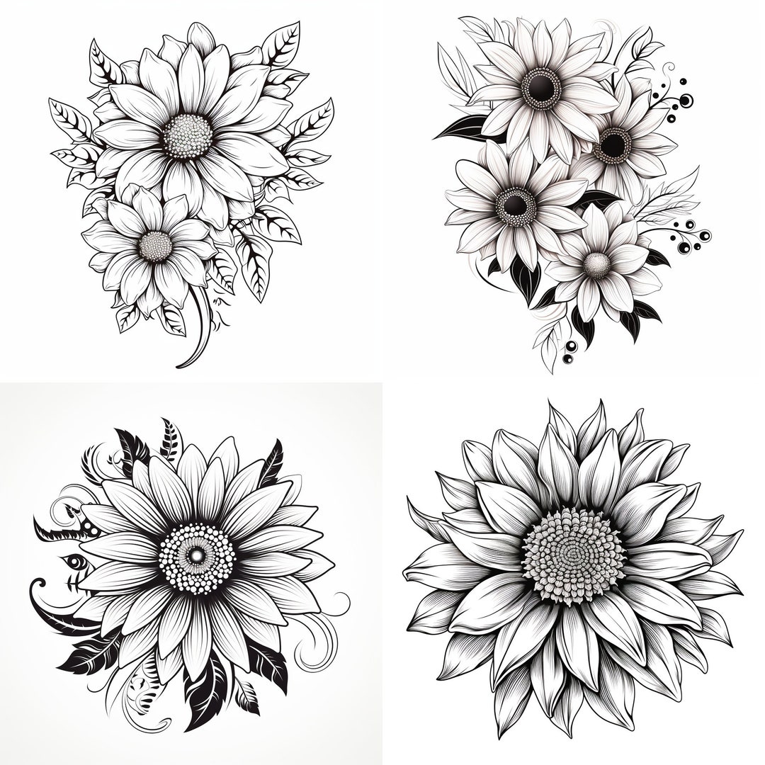 Black and White Sunflower PNG Set of Four Ideas for Creative Designs ...