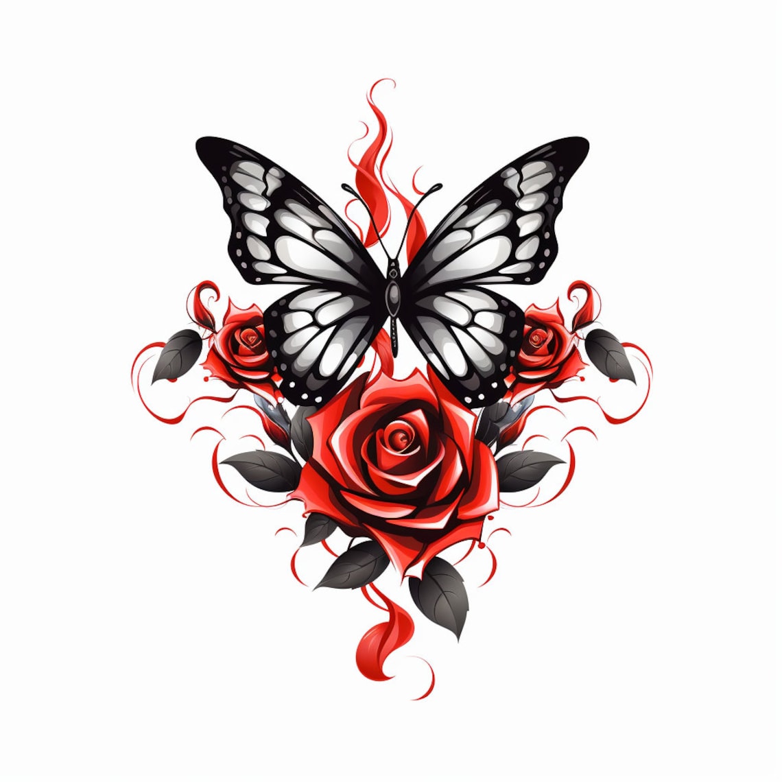 Rose and Butterfly Tattoo - Digital Tattoo Flash, Realistic Flower ...