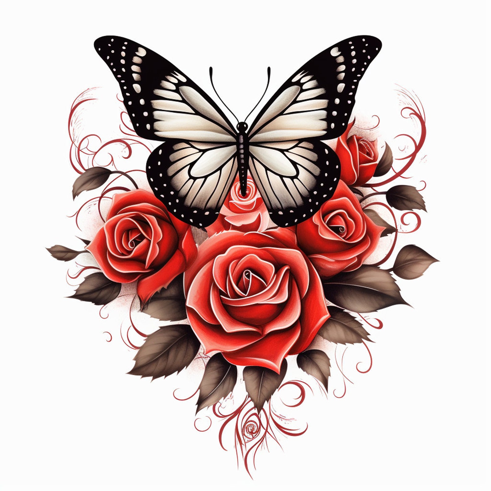 Rose and Butterfly Tattoo - Digital Tattoo Flash, Realistic Flower ...