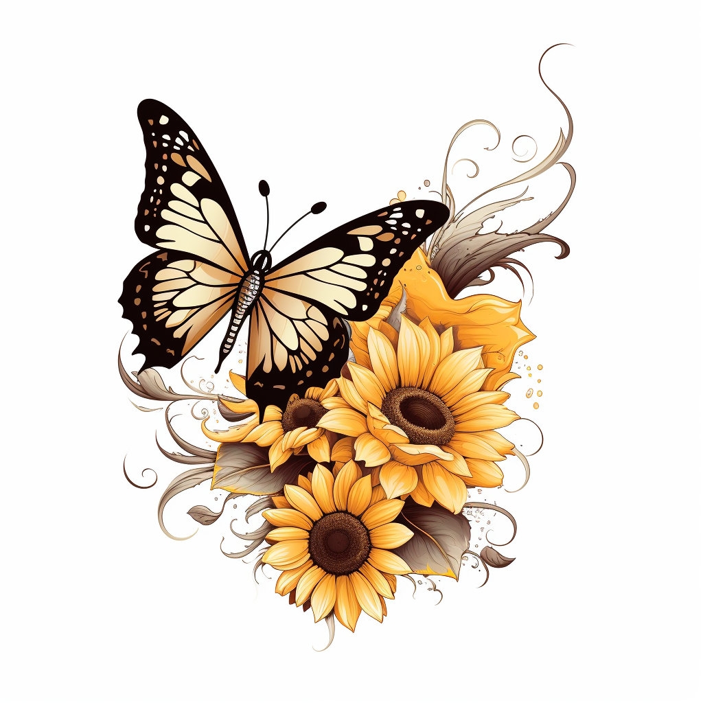 Sunflower and Butterfly Tattoo PNG | Black and White Floral Design ...