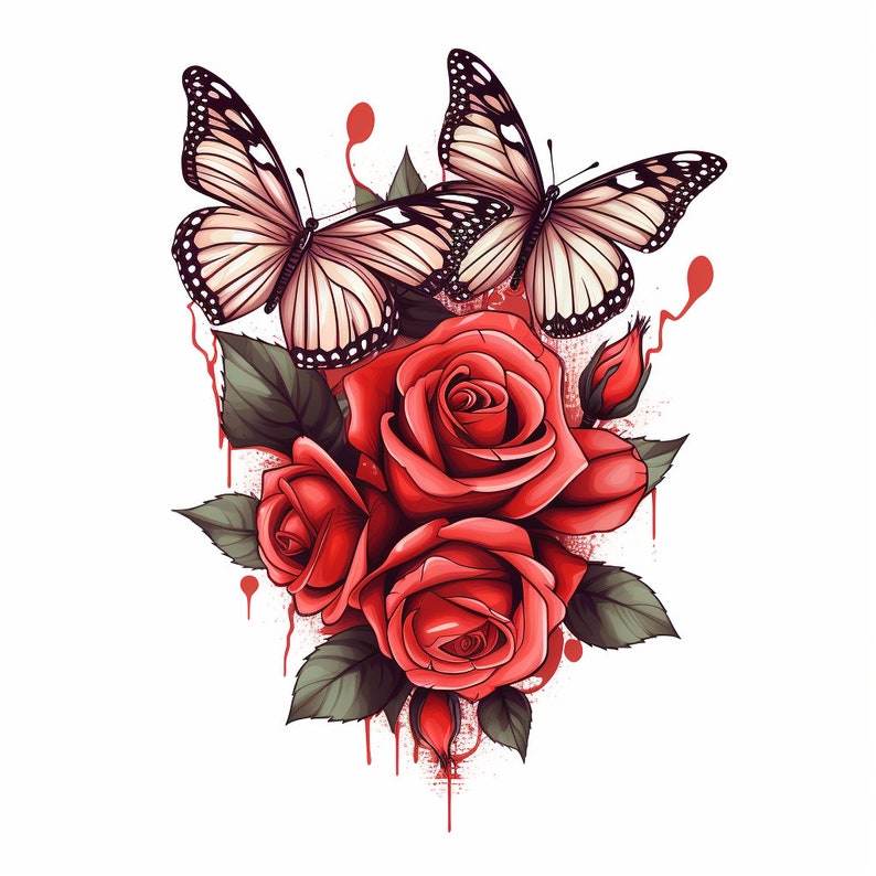 Rose and Butterfly Tattoo - Digital Tattoo Flash, Realistic Flower ...