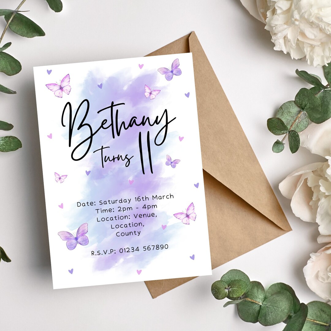 Purple Butterfly Birthday Invitation | Editable 5x7 Digital Template ...