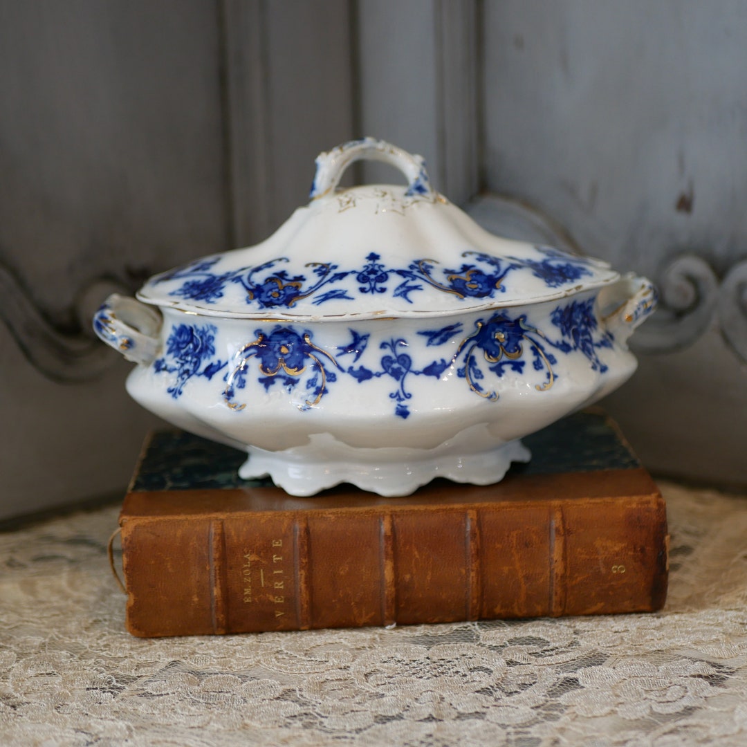 English Victorian Antique Sauce Tureen Blue and White Ironstone Opaque ...