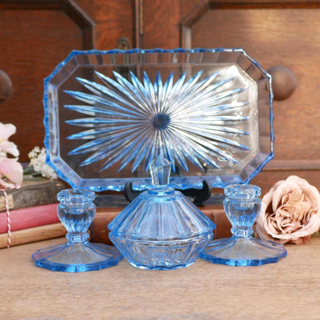 English Art Deco Glass Dressing Table Set Tray Covered Dish and Two ...