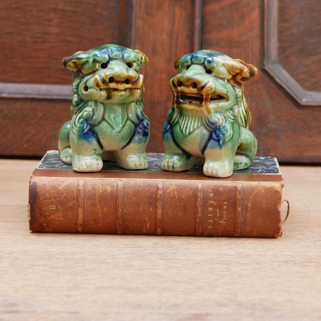 Beautiful Miniature Vintage Ceramic Foo Dogs Green Blue and Brown ...