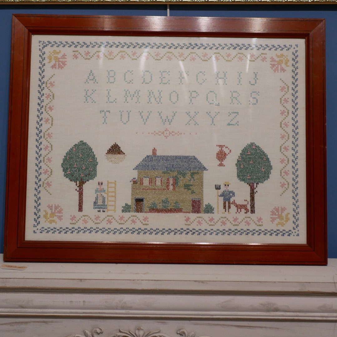 Framed Vintage French Cross Stitch Sampler Silk on Linen Embroidery ...
