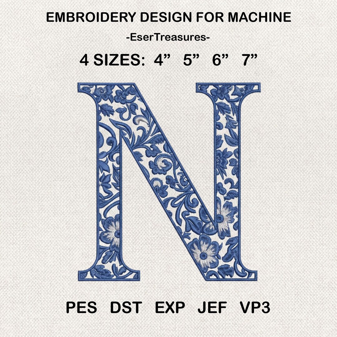 Chinoiserie Letter N Machine Embroidery Design, Blue Elegant Monogram N ...