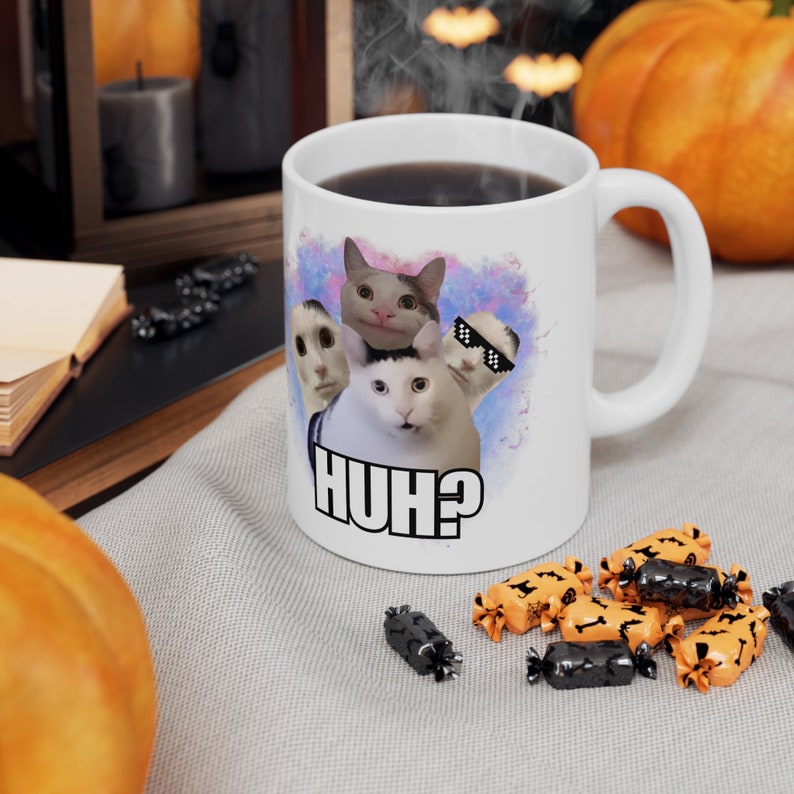 Huh Cat Funny Meme Mug, Cat Memes Mugs, Zoning Out Cat, Banana Cat ...