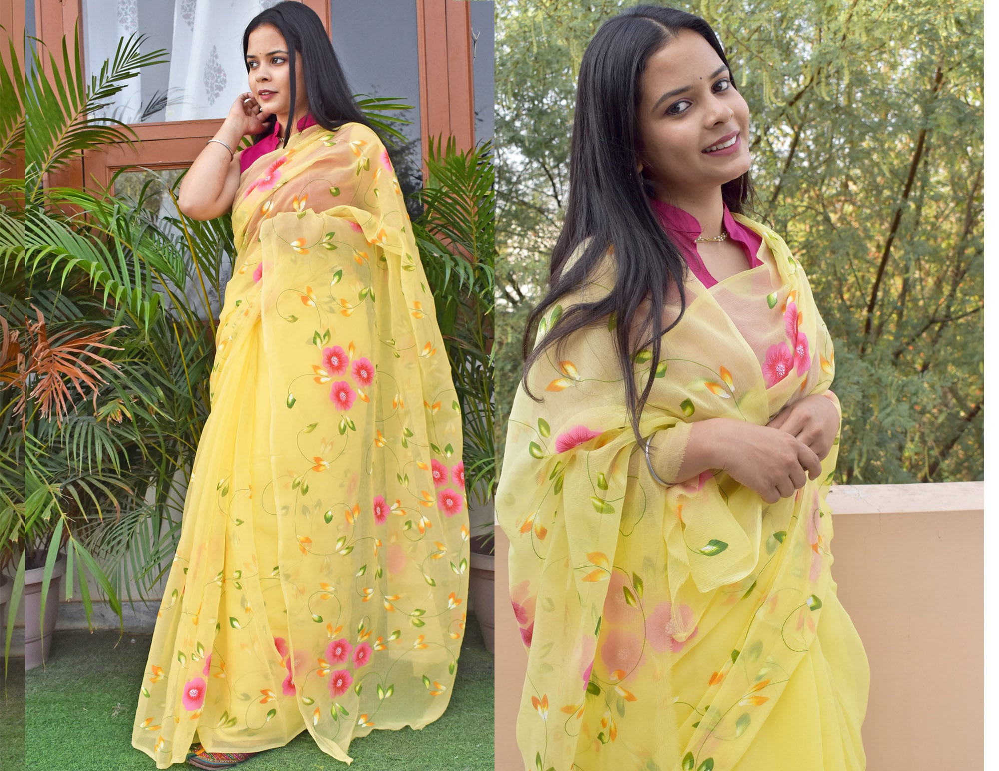 Hand Painted Pure Chiffon Saree, Yellow Chiffon Saree, Floral Hand ...