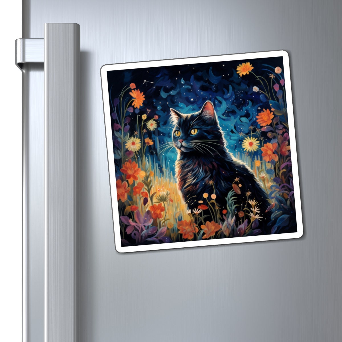 Cat Fridge Magnet, Floral Cat Magnet, Art Print Cat Magnet, Black Cat ...