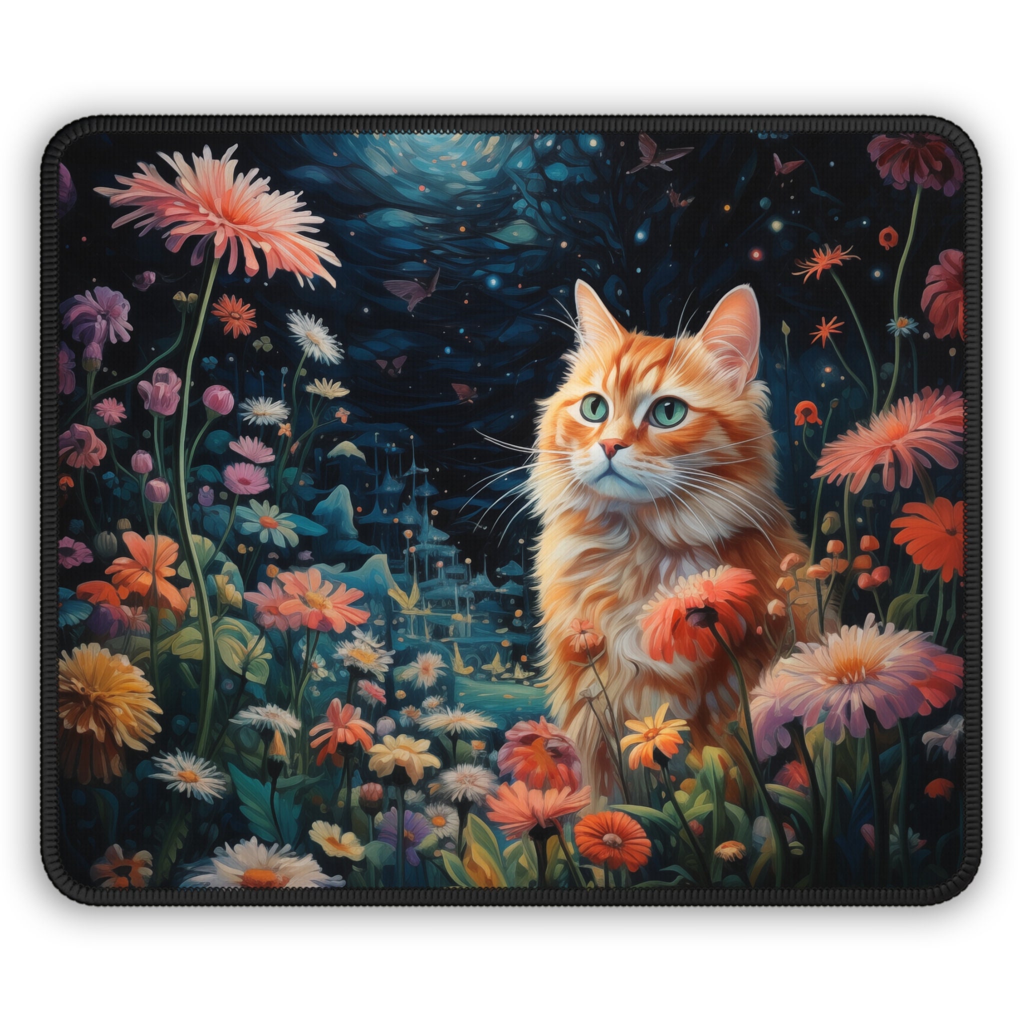 Floral Cat Gaming Mouse Pad, Art Print Cat Mousepad, Orange Cat ...