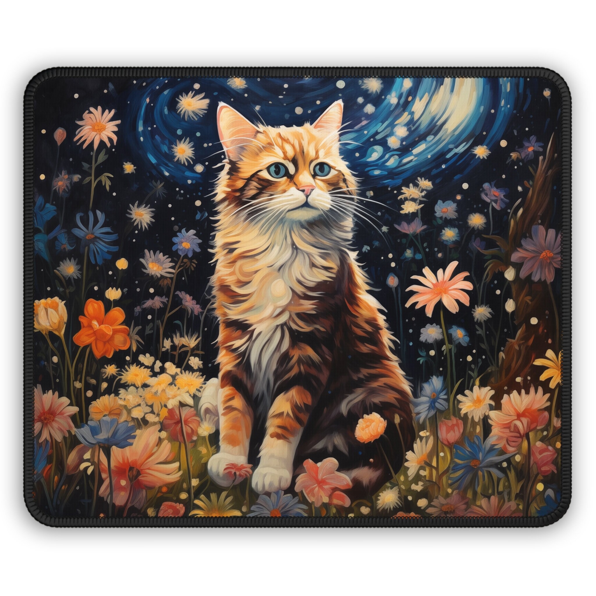 Floral Cat Gaming Mouse Pad, Art Print Cat Mousepad, Orange Cat ...