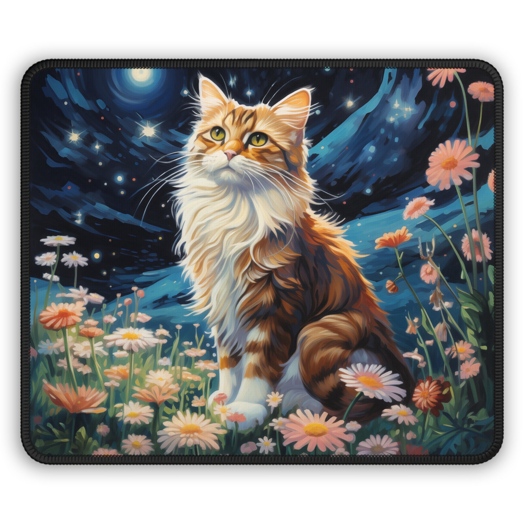 Floral Cat Gaming Mouse Pad, Art Print Cat Mousepad, Orange Cat ...