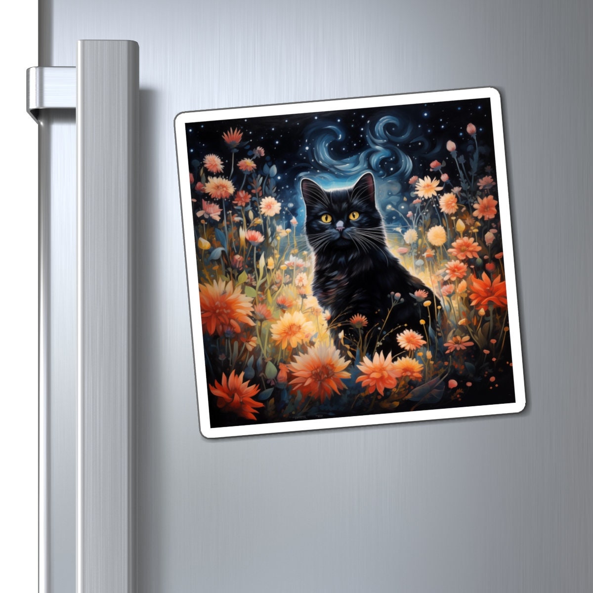 Cat Fridge Magnet, Floral Cat Magnet, Art Print Cat Magnet, Black Cat ...