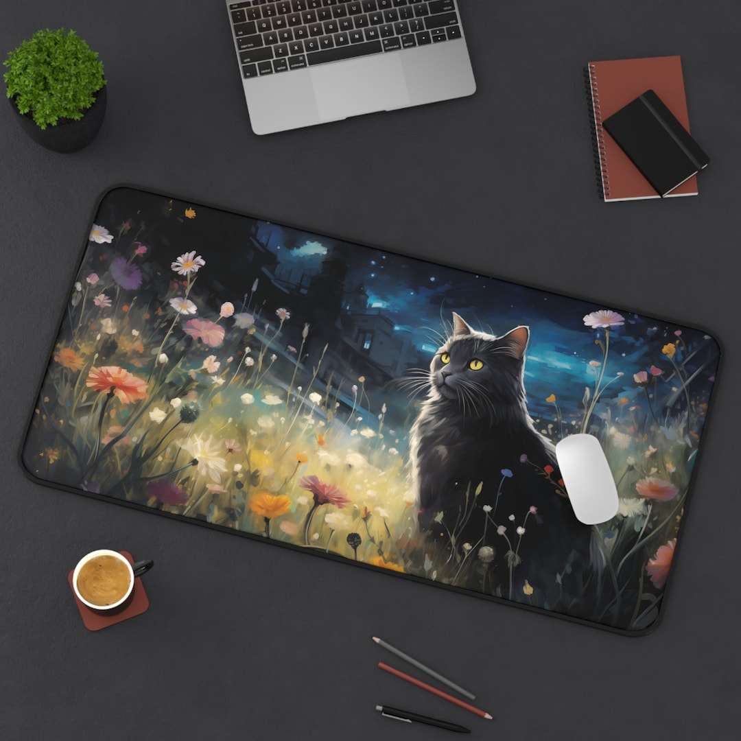 Black Cat Gaming Deskmat, Floral Cat Desk Mat, Flower Cat Gaming Mouse ...