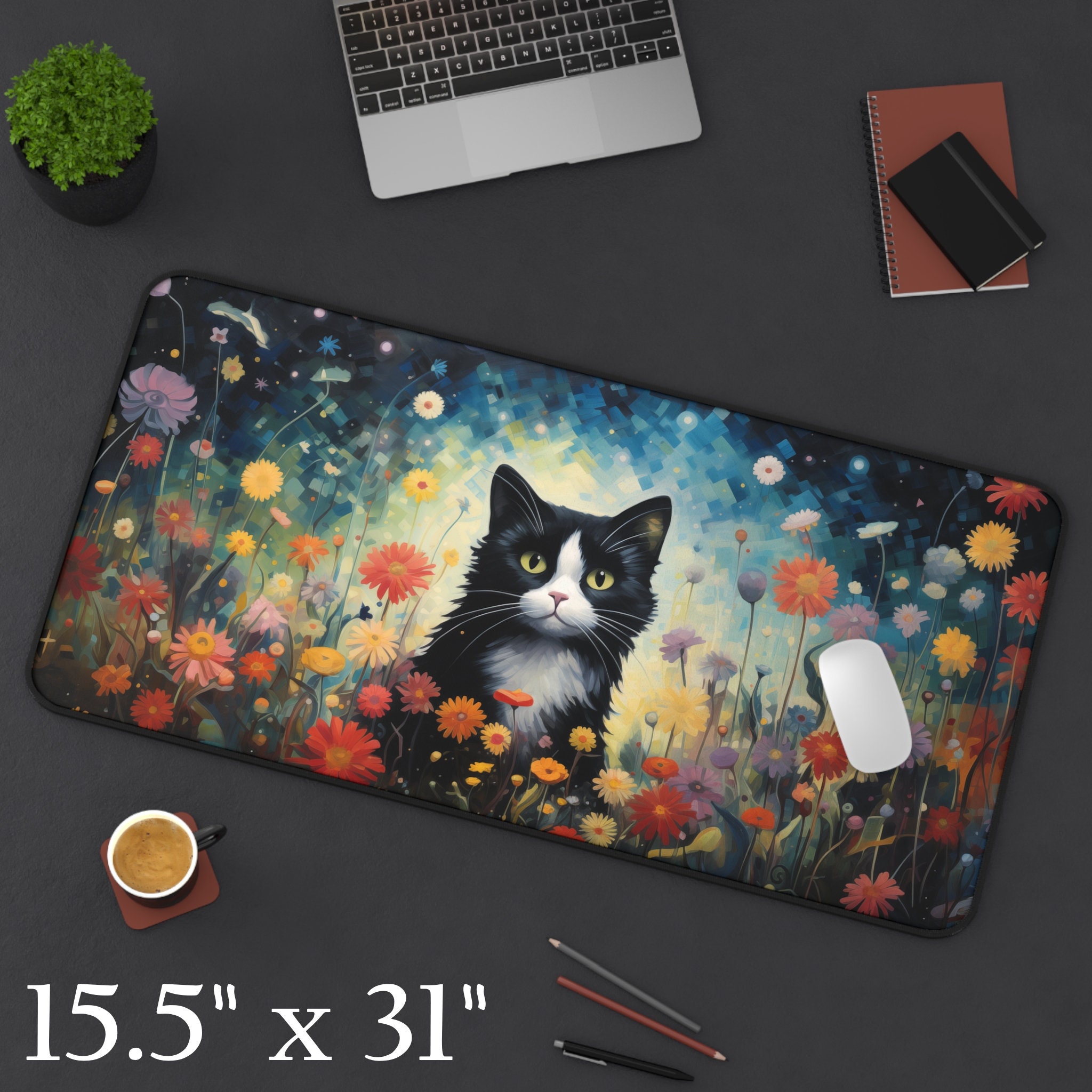 Tuxedo Cat Gaming Deskmat, Floral Cat Desk Mat, Flower Cat Gaming Mouse ...