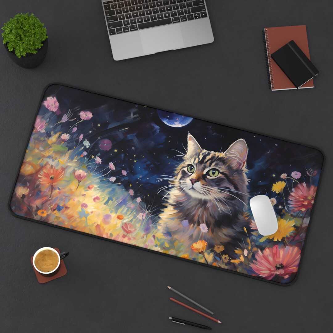 Tabby Cat Gaming Deskmat, Floral Cat Desk Mat, Flower Cat Gaming Mouse ...
