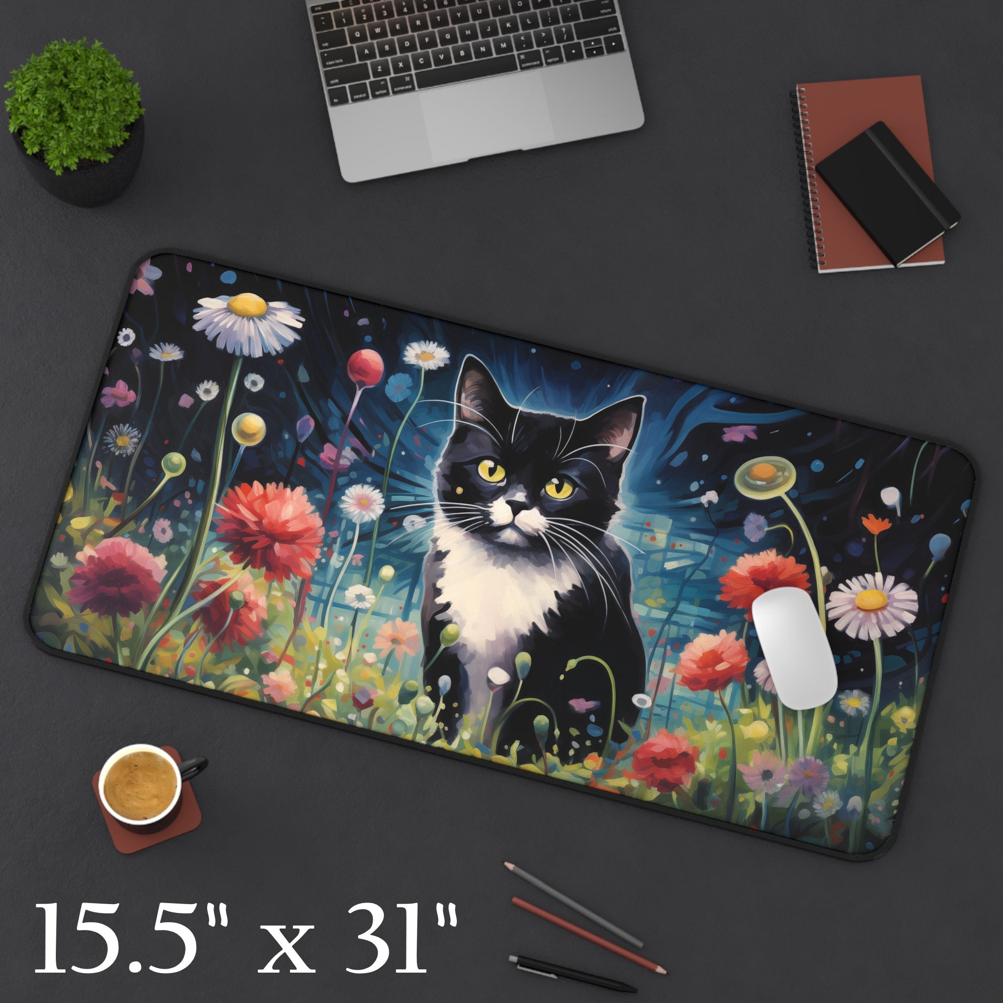 Tuxedo Cat Gaming Deskmat, Floral Cat Desk Mat, Flower Cat Gaming Mouse ...