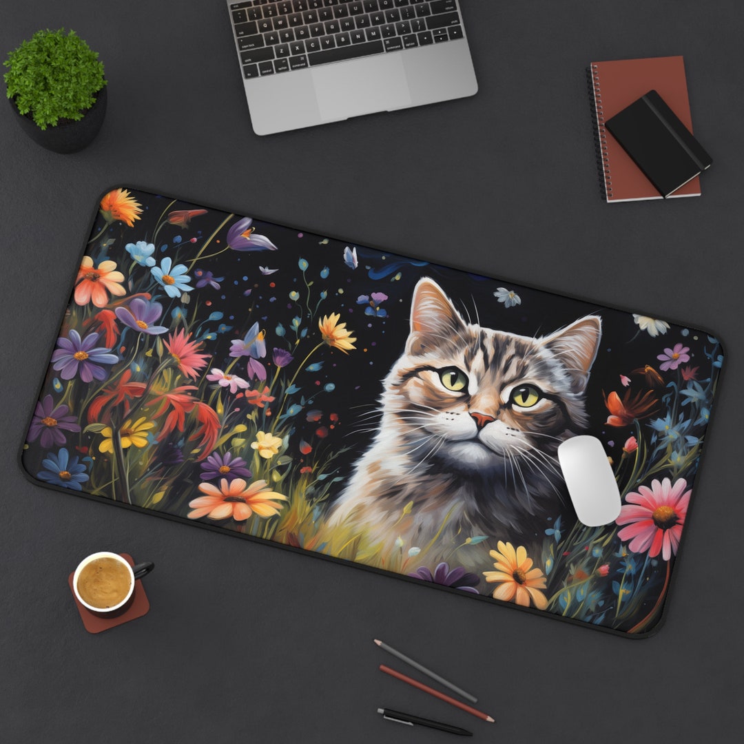 Tabby Cat Gaming Desk Mat, Floral Cat Deskmat, Flower Cat Gaming ...