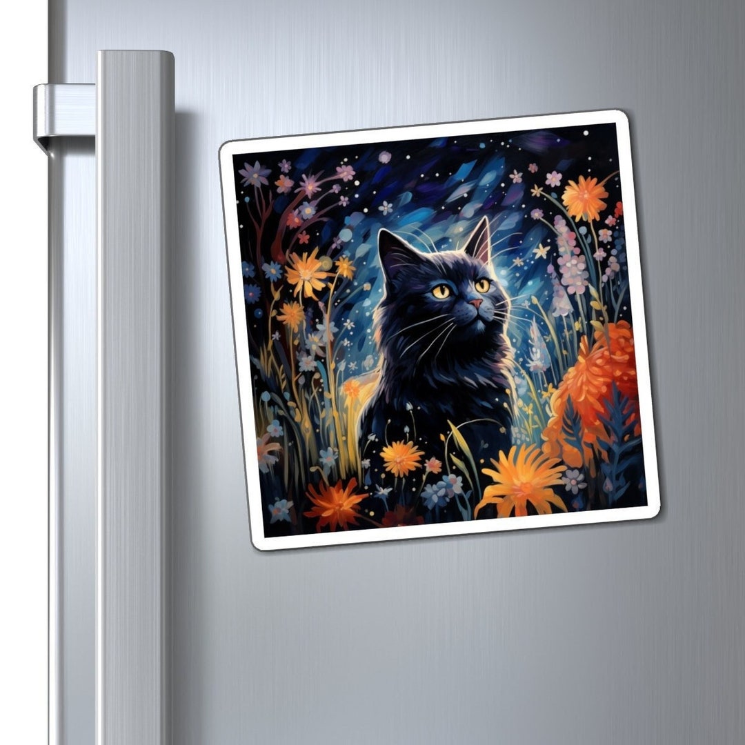 Cat Fridge Magnet, Floral Cat Magnet, Art Print Cat Magnet, Black Cat ...