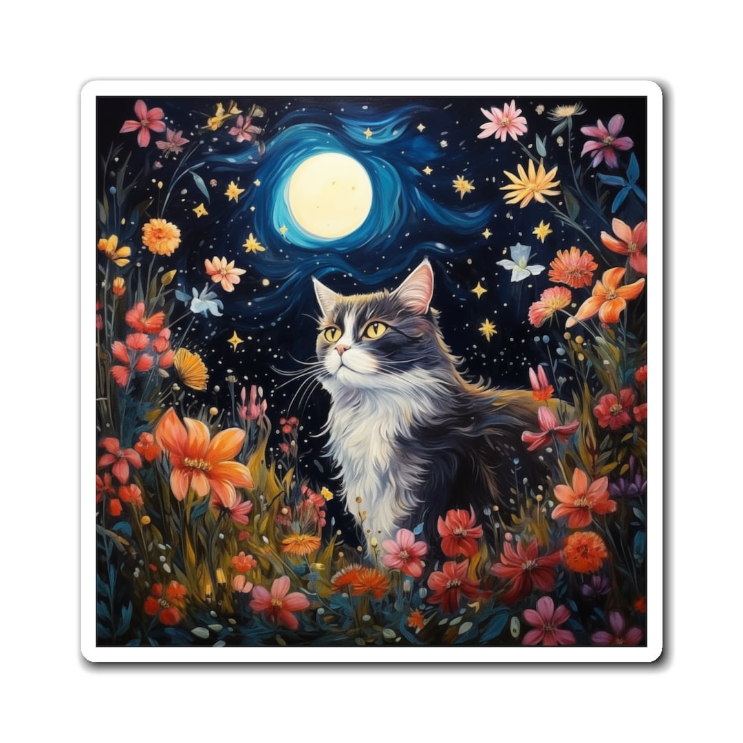Cat Fridge Magnet, Floral Cat Magnet, Art Print Cat Magnet, Tuxedo Cat ...