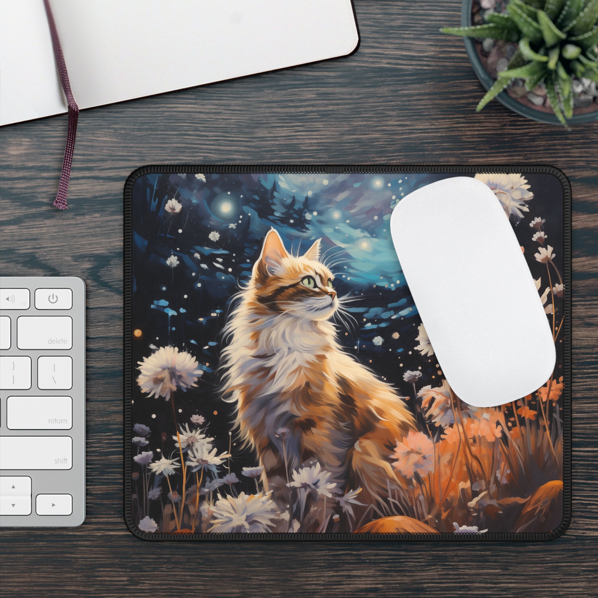 Floral Cat Gaming Mouse Pad, Art Print Cat Mousepad, Orange Cat ...