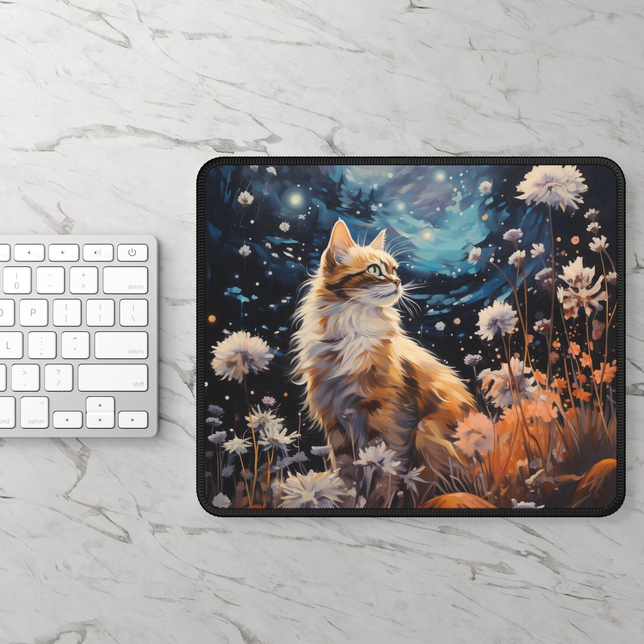 Floral Cat Gaming Mouse Pad, Art Print Cat Mousepad, Orange Cat ...