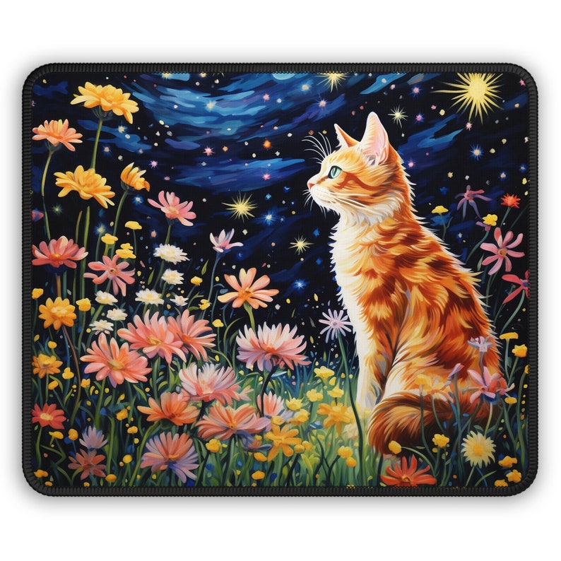 Floral Cat Gaming Mouse Pad, Art Print Cat Mousepad, Orange Cat ...