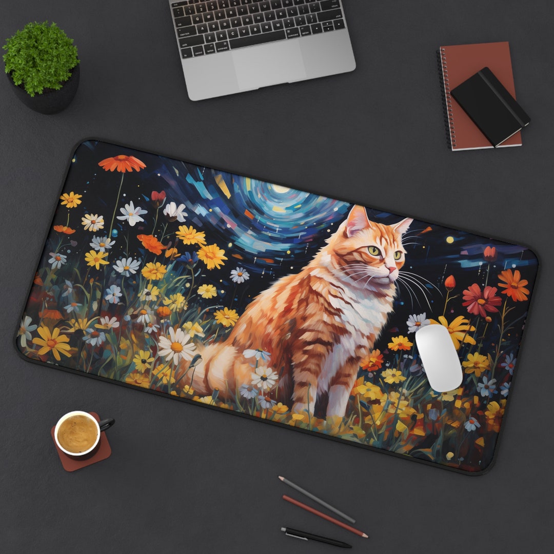 Orange Cat Gaming Desk Mat, Floral Cat Deskmat, Ginger Cat Gaming ...