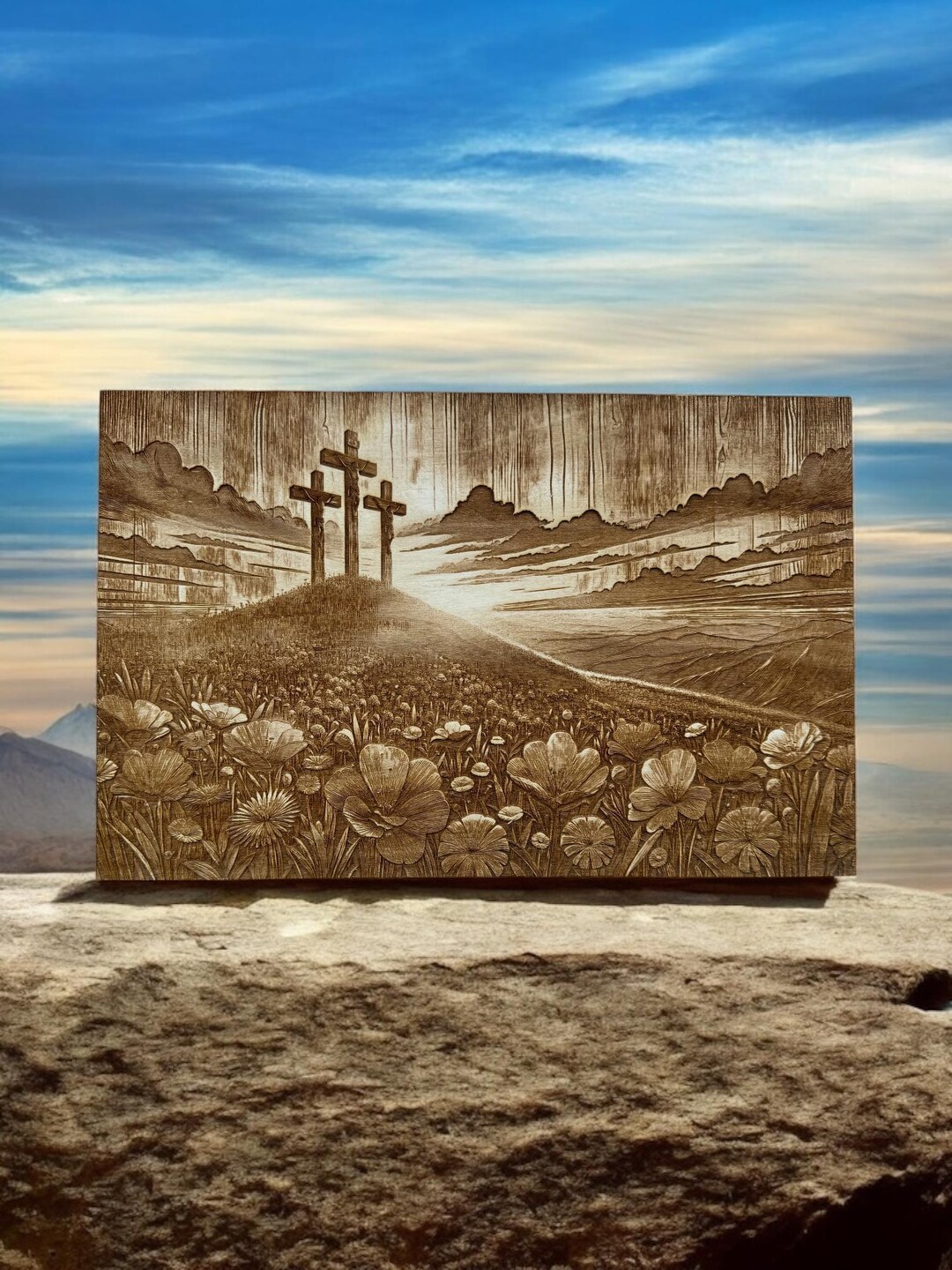 3D Illusion Wooden Engraving: Three Crosses on the Hill - Etsy