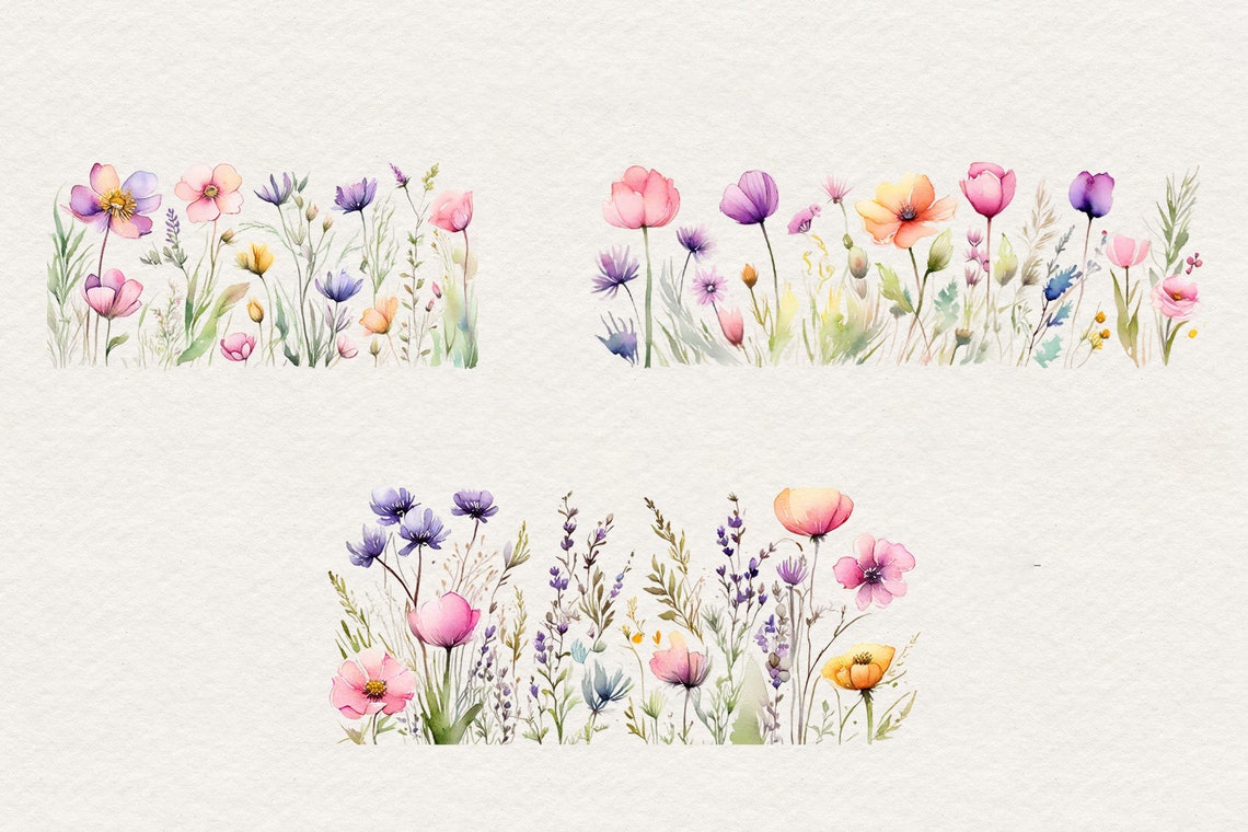 Watercolor Pastel Floral Clipart Floral Border Set Wildflowers Floral ...